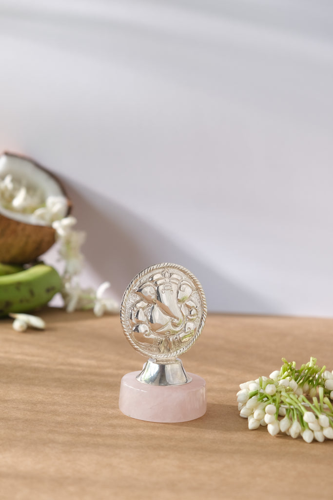 NATURAL ROSE QUARTZ BASE WITH PURE SILVER GANESHA – GemAnatomy